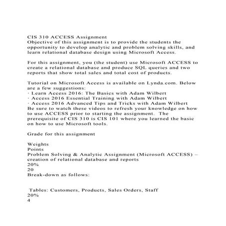 Cis 310 Access Assignmentobjective Of This Assignment Is To Prdocx 