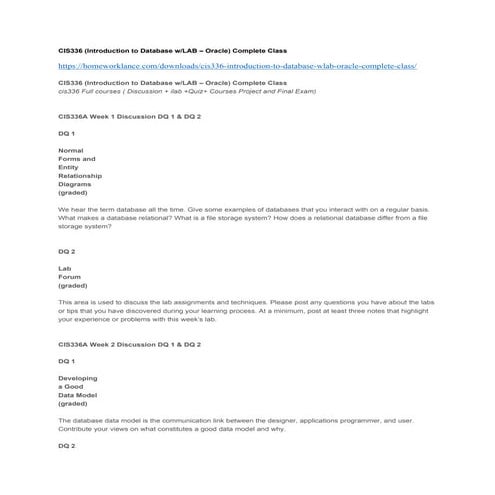 Cis336 (introduction to database w lab – oracle) complete class | PDF