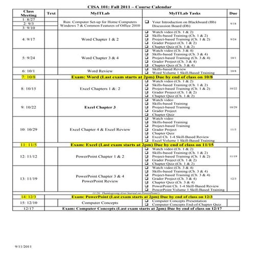 Cisa 101 course calendar fa2011 update0910 | PDF