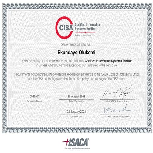 Ekundayo Olukemi ISACA CISA Certification - Current | PDF