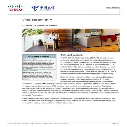China Telecom: IPTV - Connected Life Experiences at Home | PDF