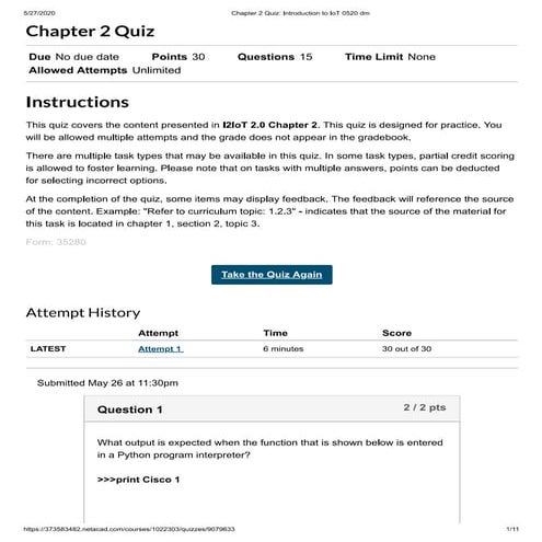 Cisco Introduction To Iot Chapter 2 Quiz Pdf