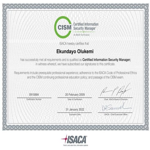 Ekundayo Olukemi ISACA CISM Certification - Current | PDF