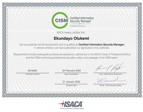 Ekundayo Olukemi ISACA CGEIT Certification - Current | PPT