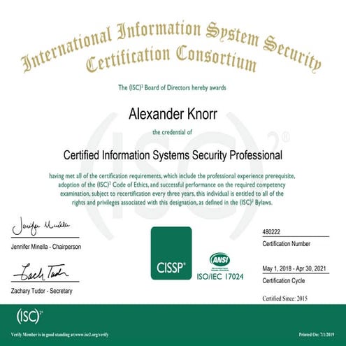 Cissp digital certificate Certified Information Systems Security Professional ISC2 | PDF