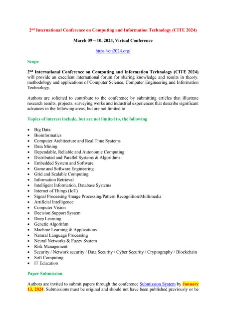 3rd International Conference on Computing and Information Technology (CITE 2025) | PDF