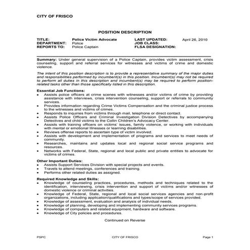 CITY OF FRISCO POSITION DESCRIPTION | DOCX
