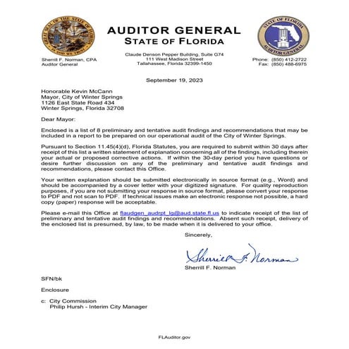City of Winter Springs Transmittal Letter and P&T | PDF