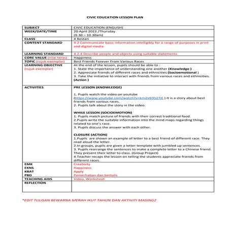Civic education in english example lesson plan | DOCX
