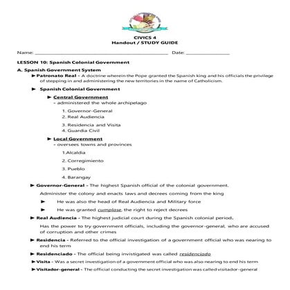 Civics4.lesson 10 spanish colonial govt | PDF