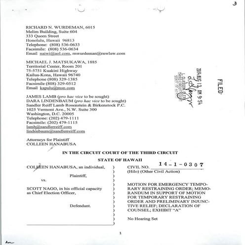 Hanabusa's Civil Motion for Temporary Restraining Order | PDF