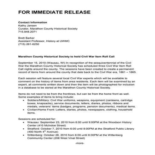 Civil War Item Roll Call Press Release | PDF