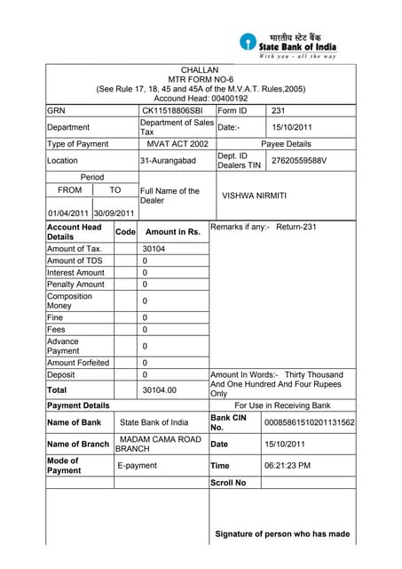 Sbi dmrc challan_form | PPT
