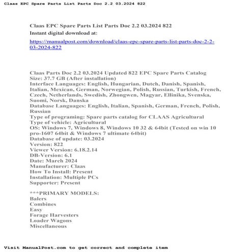 Claas Parts Doc 2.2 03.2024 Updated 822 EPC Spare Parts Catalog | PDF