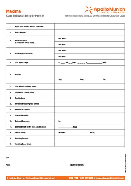Apollo Munich Claim Intimation Form | PDF