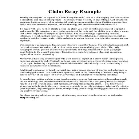 Claim Essay Example. . Claims, Reasons and Evidence in Argumentative ...
