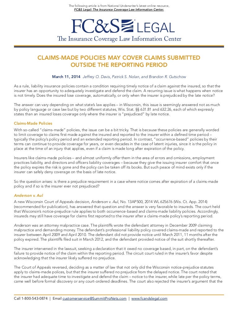 Claims-Made Policies May Cover Claims Submitted Outside the Reporting…