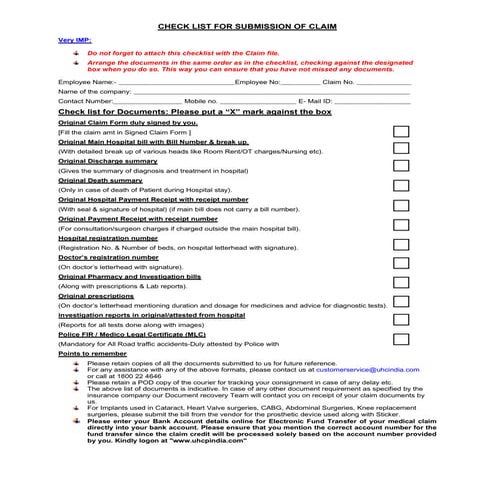 Claim submission check_list | PDF | Health Insurance | Insurance