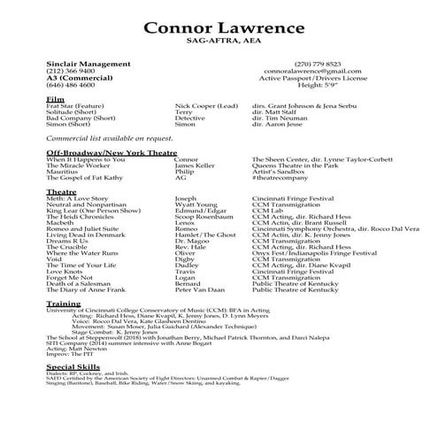 Connor Lawrence Actor Resumé | PDF