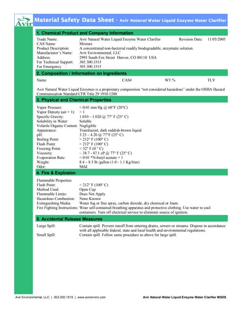 Material Safety Data Sheet - Avir Natural Air Acidic Odor Control RTU