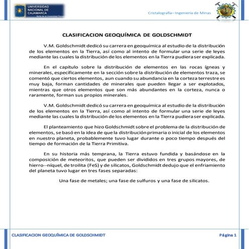 Clasificacion geoquímica de goldschmidt | DOCX