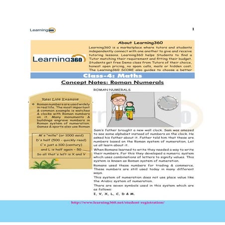 Maths Concept Notes for Class 4 – Roman Numerals. | PDF
