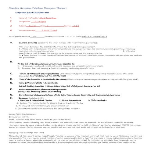 Class 10 English lesson plans | DOCX