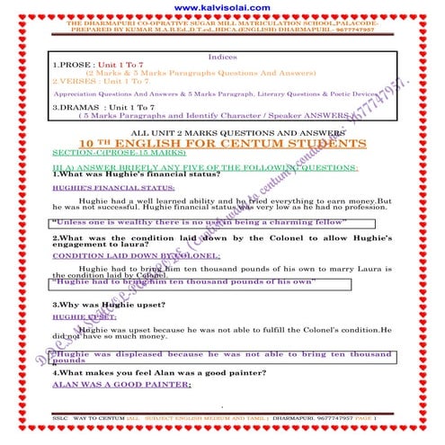 Class10 sslc english i & ii paper way to centum -2 marks & 5 marks ...