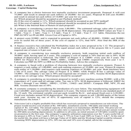 Financial Management Class assignment on Capital Budgeting Techniques | DOC