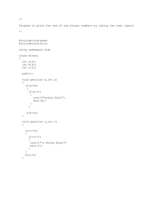 Binary Addition Using Class Concept In C Pdf