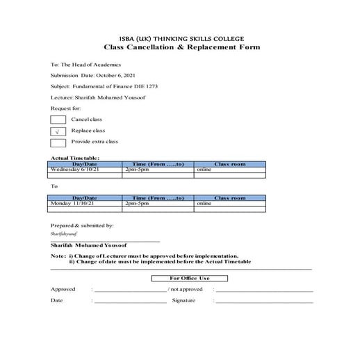 Class cancellation & replacement form | DOC | Homework and Study ...