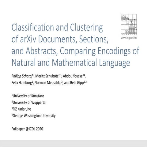 Classification and Clustering of arXiv Documents, Sections, and Abstracts, Comparing Encodings ...