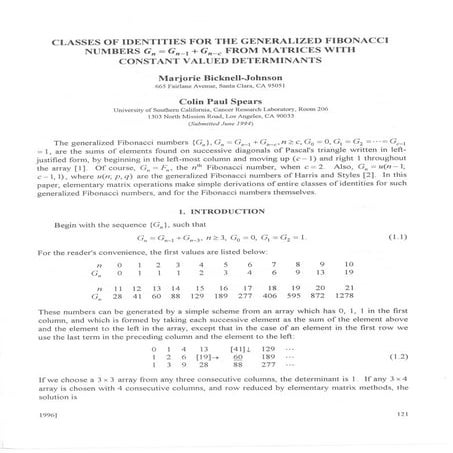 Classes Of Identities For The Generalized Fibonacci Pdf Physics
