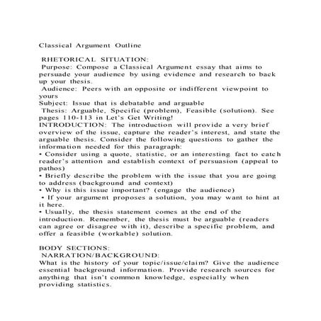 Classical Argument Outline Rhetorical Situation Purpose Co Pdf