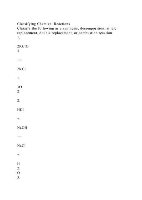 Classifying Chemical Reactionsclassify The Following As A Synthesi Docx