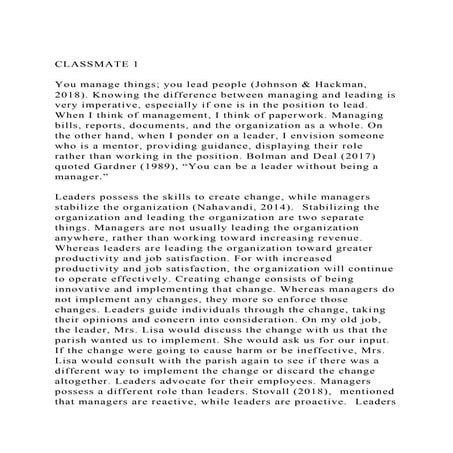 CLASSMATE 1You manage things; you lead people (Johnson & Hackm.docx