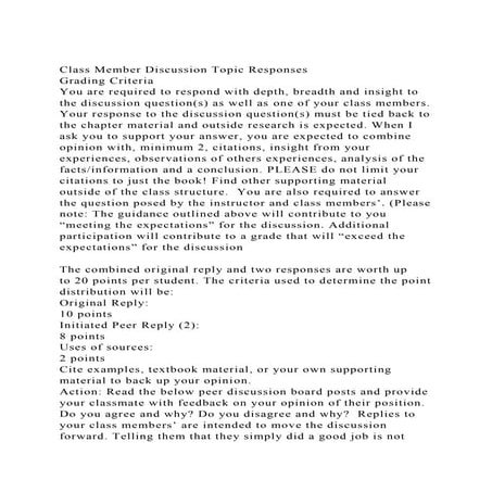 Class Member Discussion Topic ResponsesGrading CriteriaYou are.docx