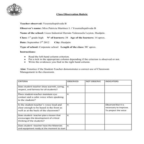 Class observation rubric | DOCX | Educational Assessment | Education