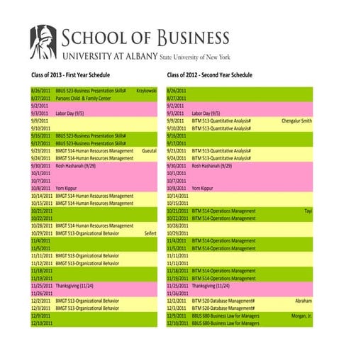 University at Albany Weekend MBA Program 2011-12 Class Schedule | PPT