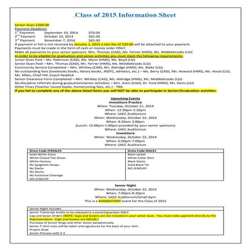 Class of 2015 information sheet | PDF | Women\'s Outerwear | Women\'s ...