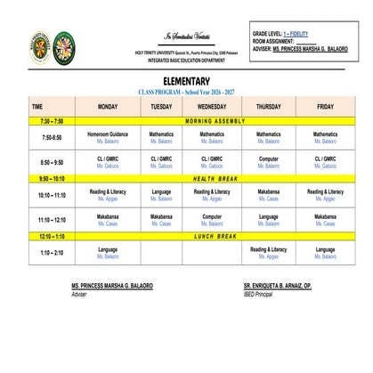 Holy Trinity University Elementary Class Program Schedule 2026-2027 | PDF