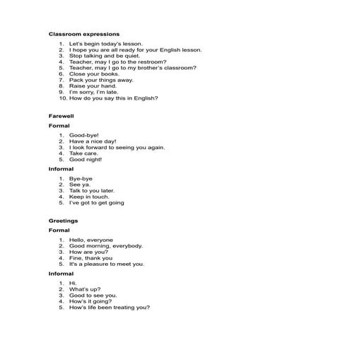 Classroom expressions in English language | PDF