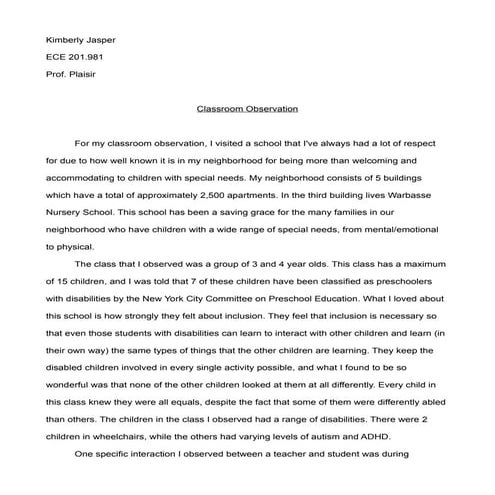 Classroom observation ece201 | DOC