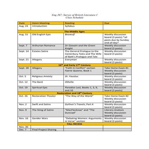 Eng 267 Class Schedule | PDF