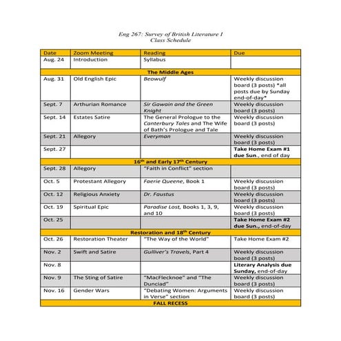 Eng 267 Class Schedule | PDF
