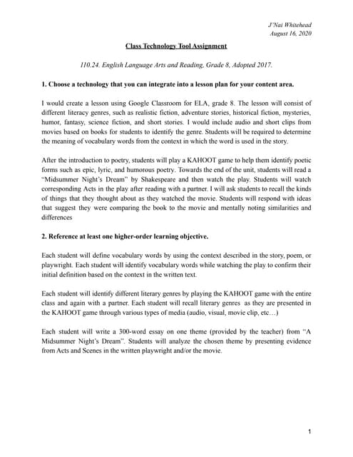 Class Technology Tool Assignment Pdf