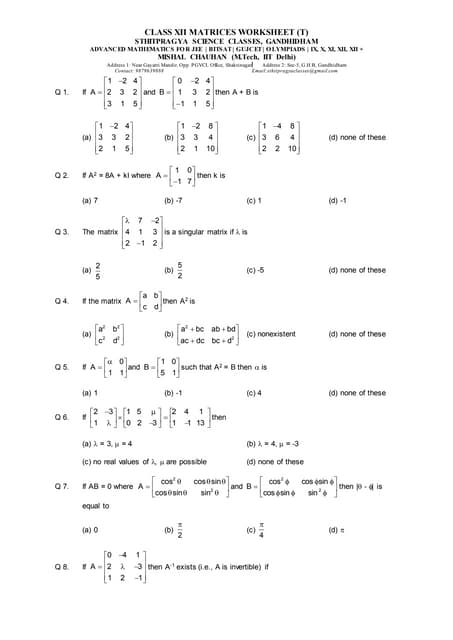Class xii determinants revision worksheet (t) | DOCX | Education