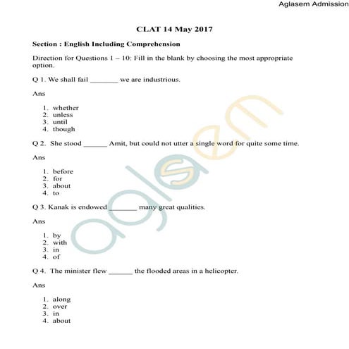 Download PDF of CLAT 2017 Question Paper with Answer - Aglasem | PDF