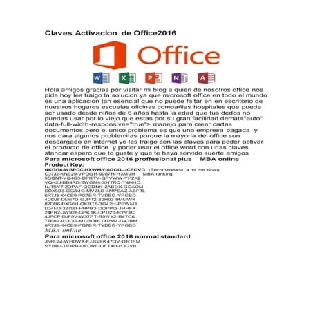 Claves activacion de office2016 | DOCX
