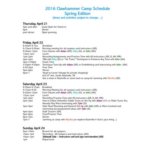 Clawhammer camp schedule spring 2016 | PDF